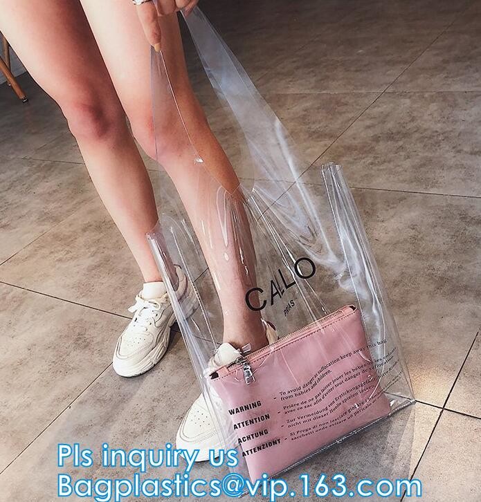 Zipper Clear Stadium PVC Shopping Tote Bag With Side Pocket, promotional shiny vinyl pvc ...